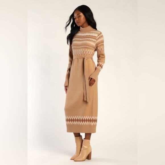 Lulus | Dresses | Lulus Chilly Forecast Tan Multi Knit Turtleneck Sweater Midi Dress | Poshmark